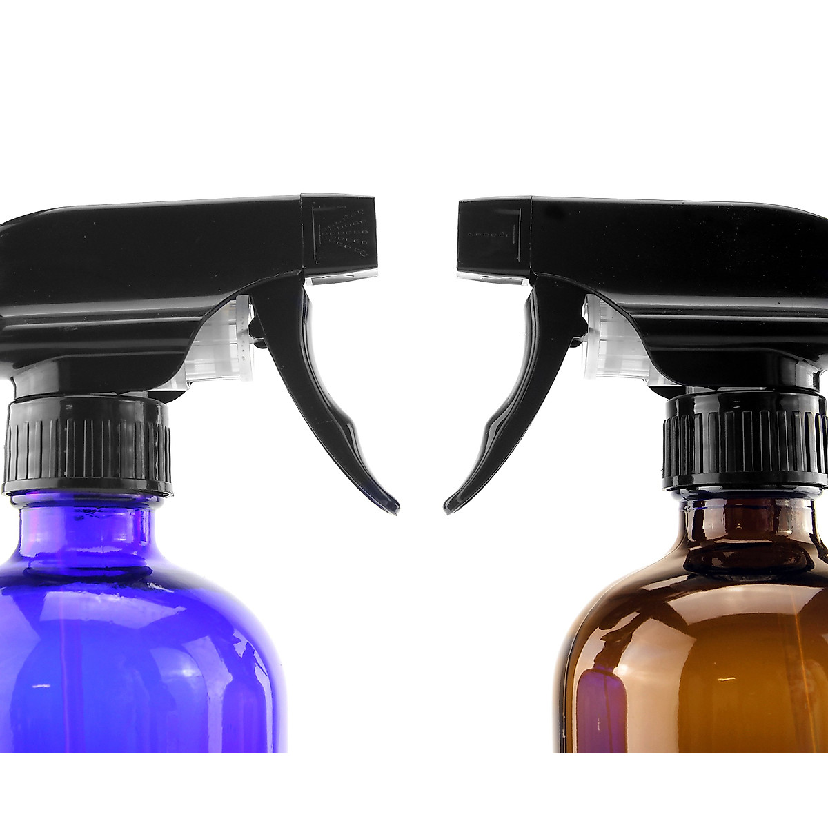 16oz Glass Bottles w/Heavy Duty Sprayers - Three Pack Bundle (1 Cobalt Blue, 1 Amber, 1 Clear); Boston Round; 3-Setting Spray Tops + Black Lids