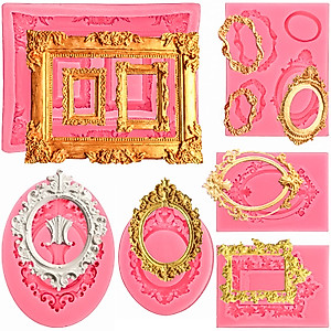 Elsjoy 6 Pieces Picture Frame Silicone Fondant Molds, Pink Cake Mold Vintage Photo Frame Fondant Mold for Cake Decorating, Sugar, Chocolate, Butter, Baroque Style