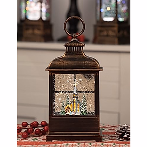 10.5" Christmas Snow Globe Lantern, Music Box, Rotating Snowflake Glitter Water Light with Timer, USB and Battery Powered Decoration (Church Christmas Tree)