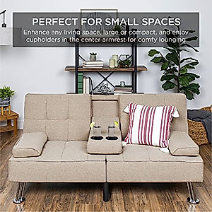 Best Choice Products Linen Upholstered Modern Convertible Folding Futon Sofa Bed for Compact Living Space, Apartment, Dorm, Bonus Room w/Removable Armrests, Metal Legs, 2 Cupholders - Beige