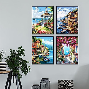 Hlison Paint by Number for Adults Canvas, 4 Pack Landscape DIY Adult Paint by Number Kits, Acrylic Lakeside Oil Painting by Number for Great Gift Wall Decor - 16x20 Inch