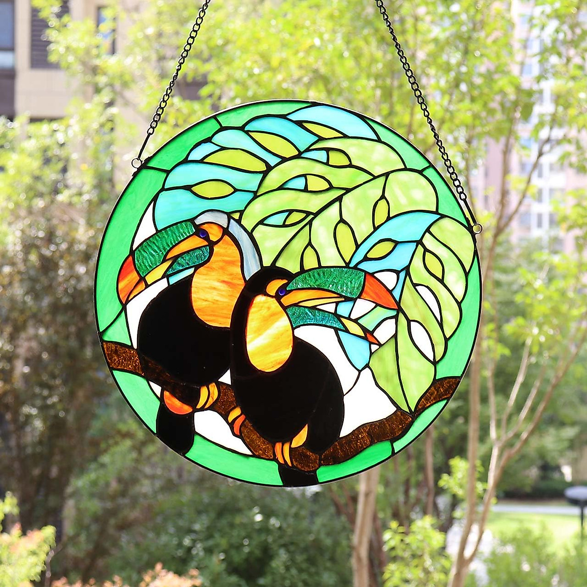 Bieye W10070 Pair of Toucans in The Swiss Cheese Plant Tiffany Style Stained Glass Window Panel, Round Shape, 16 inches Wide