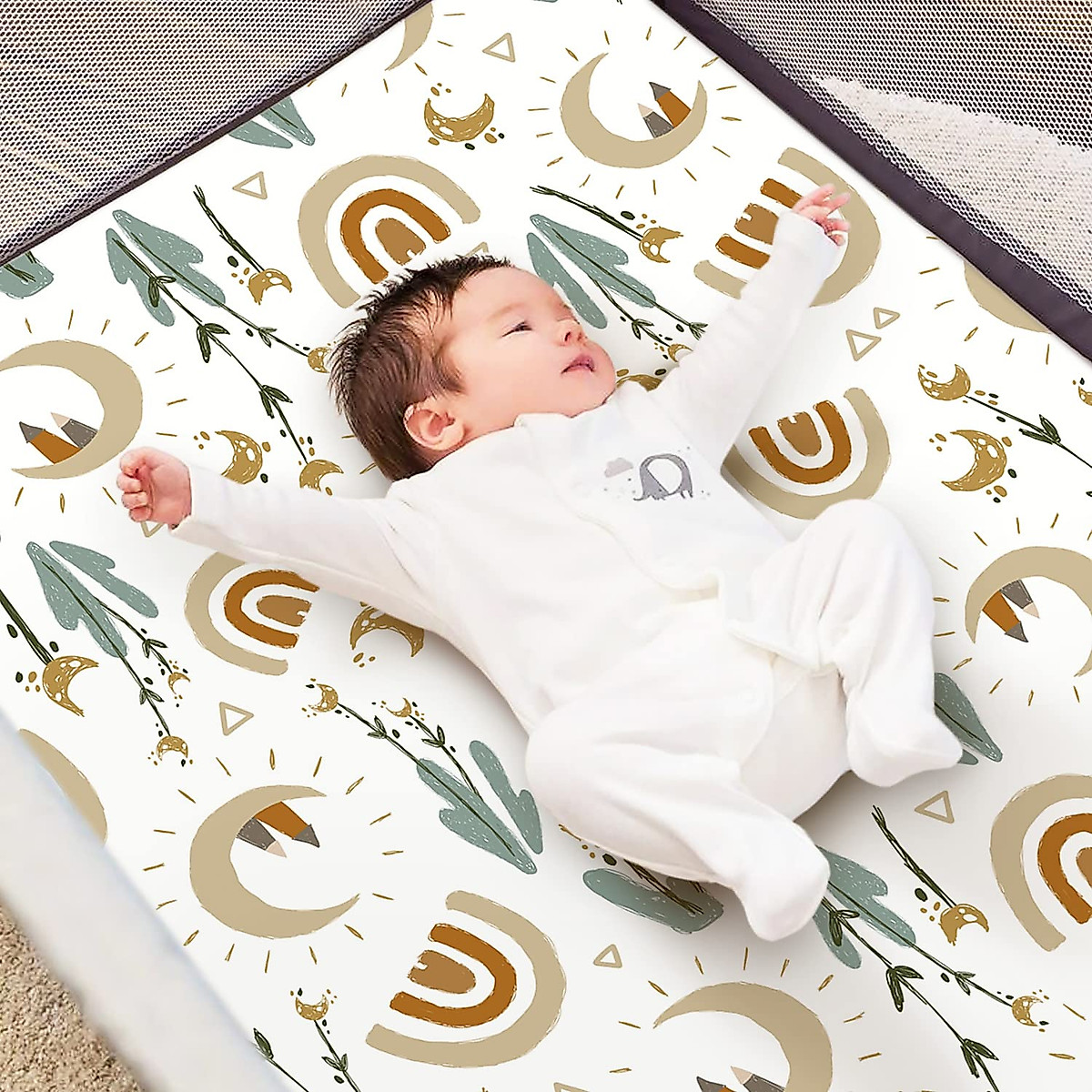 GRSSDER Stretchy Pack and Play Sheets, Ultra Soft Jersey Knit Fitted Pack n Play Sheets Set 2 Pack, Portable/Mini Cribs Sheets for Girls and Boys, Rainbow Pattern