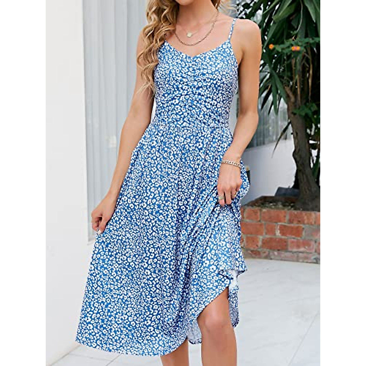 YATHON Boho Sleeveless Casual Midi Summer Dress V Neck Elastic Waist Floral Print Boho Midi Swing Homecoming Party Long Dresses (YT202-Blue W Pattern 01,S)
