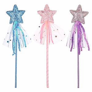 Prasacco 3 PCS Fairy Wands Glitter Princess Wands Star Wands Fairy Stick for Christmas Costume Prop Birthday Party Supply Cosplay Accessories