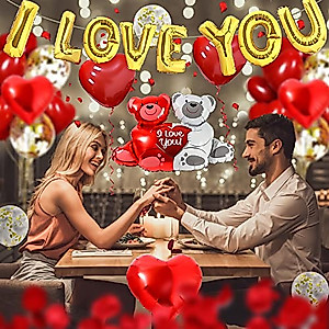 Anniversary Decorations, I Love You Balloons and Heart Balloons Kit with 1000pcs Artificial Rose Petals and 4Pack Red Heart Garland for Valentine Day Romantic Special Night Anniversary Decorations