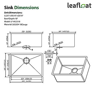 leafloat 25-inch Undermount Kitchen Sink, 25"x18"x10", Single Bowl, 18 Gauge T304 Stainless Steel, Satin Finish, with Strainer & Bottom Grid, cUPC listed