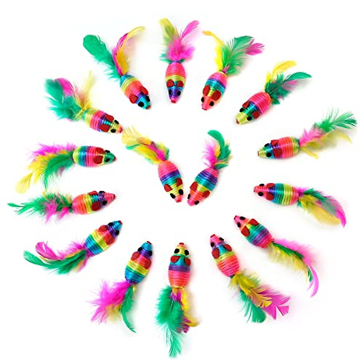 CHIWAVA 24PCS 5" Rattle Cat Toys Mice with Feather Rainbow Rope Mouse Kitten Interactive Toy Assorted Color