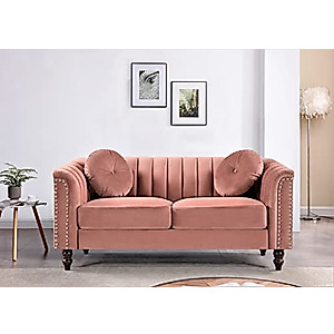 Container Direct Mid-Century Modern Velvet Sofa Chesterfield Inspired Luxury 2 Piece Set for Living Room with Removable Cushions and Turned Wood Legs, Loveseat, Couch, Rose