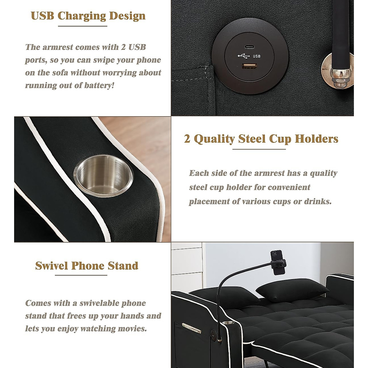 Convertible Sleeper Sofa Bed with USB Ports,Pull Out Sofa Bed with Swivel Phone Holder,Modern Velvet Loveseat Futon Couch with with Cup Holders,Small Love Seat Lounge Sofa Bed for Small Space(Black)