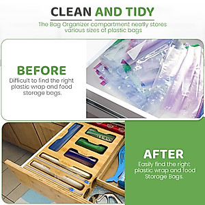 PrimeNex Ziplock Bag organizer, Ziplock Foil and Plastic Wrap Dispenser with Cutter, 6 in 1 Bamboo Kitchen Drawer Plastic Bag Food Baggie Organizer for Drawer Gallon, Quart, Sandwich, Snack (Natural)