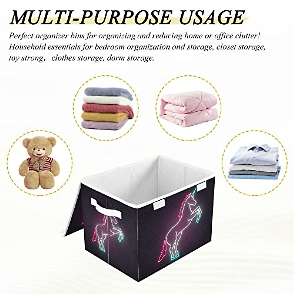 RunningBear Unicorn Neon Large Storage Bins with Lid Collapsible Storage Bin Storage Cubes Large Toy Box for Clothes Towels Magazine