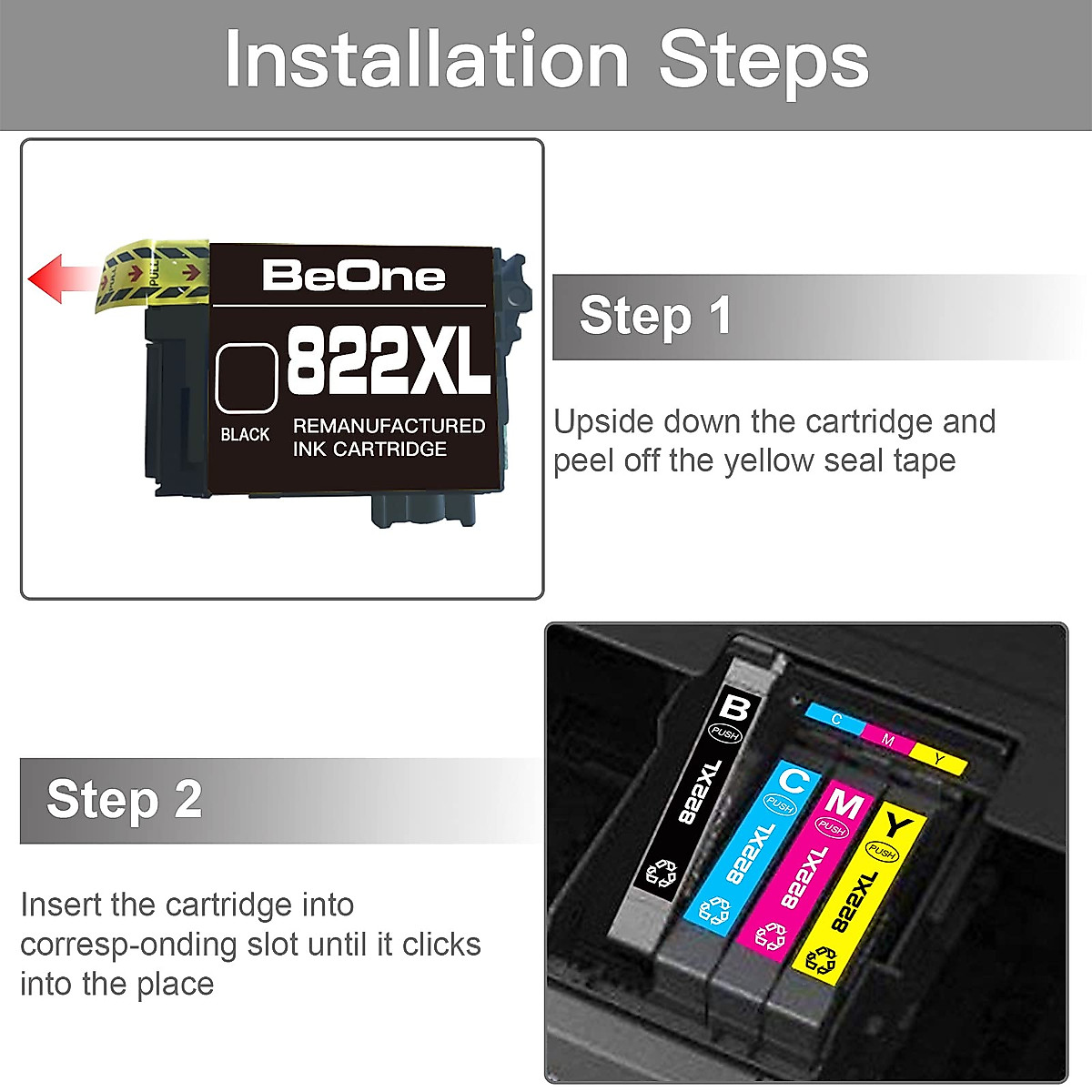 BeOne 822XL Black Remanufactured Ink Cartridge Replacement for Epson 822XL T822XL 822 T822 Compatible with Epson Workforce Pro WF-3820 WF-4820 WF-4830 WF-4833 WF-4834 Printer (2 Black)
