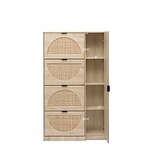 Shoe Cabinet for Entryway,Rattan Shoe Cabinet with Mirror and 4 Flip Down Drawers,Narrow Shoe Cabinet with Natural Rattan Doors and 4 Storage Shelves,Freestanding Shoe Organizer for 24 Pairs of Shoes