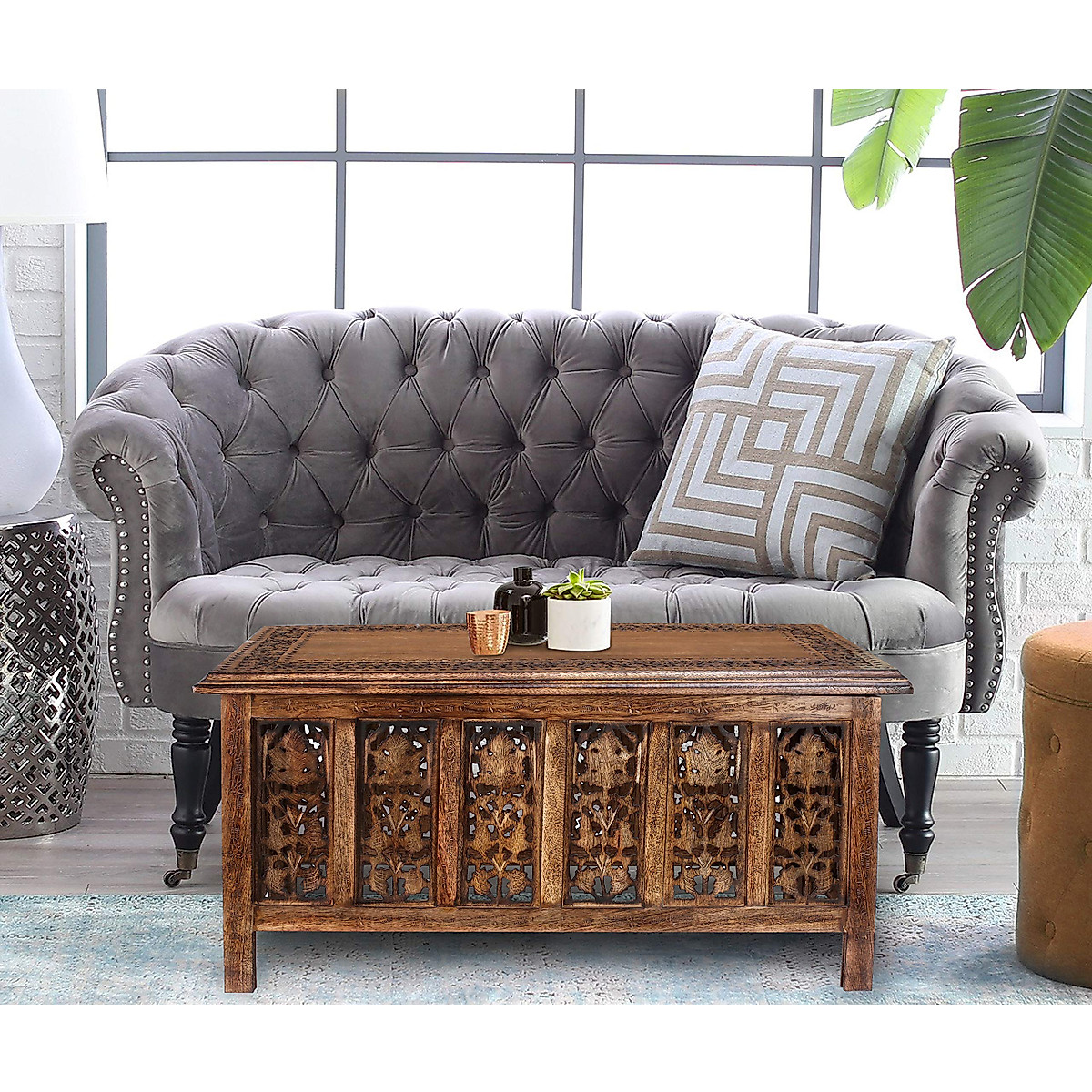 Rectangular Wooden Coffee Table, Modern Wooden Coffee Table, Center Tables, Entryway Table, Living Room Table for Magazines, Books, and Plants - 36x18 Inch Burnt