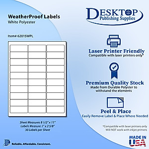 Printable Waterproof Labels - 1" x 2-5/8" Address Labels - 30 per Sheet - 10 Sheets / 300 Labels - Blank Weatherproof Shipping Labels - Water Proof Polyester Laser Label for Laser Printers