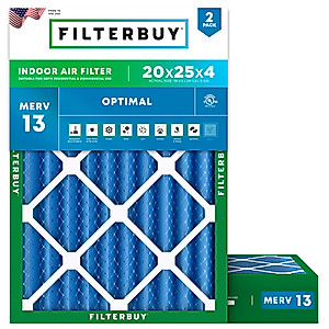 Filterbuy 20x25x4 Air Filter MERV 13 Optimal Defense (2-Pack), Pleated HVAC AC Furnace Air Filters Replacement (Actual Size: 19.50 x 24.50 x 3.63 Inches)