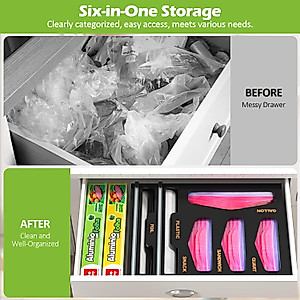 LUYABA 6 in 1 Bag Organizer and Wrap Dispenser with Magnetic Lid - Plastic Wrap Dispenser with Cutter for Kitchen Drawer, Storage for Gallon, Quart, Sandwich, Snack Bags, and Foil Black