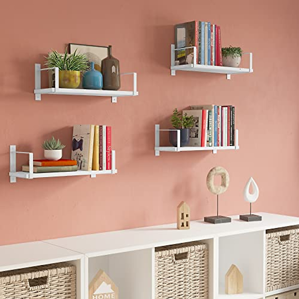 Wallniture Toledo 17" Floating Shelves for Wall, Bookshelf Living Room Decor, Kitchen Organization, Bathroom Shelves, 17" Office Wall Shelf Set of 4 White