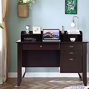 Tangkula Computer Desk with 4 Storage Drawers & Hutch, Home Office Desk Vintage Desk with Storage Shelves, Wooden Executive Desk Writing Study Desk (Brown)