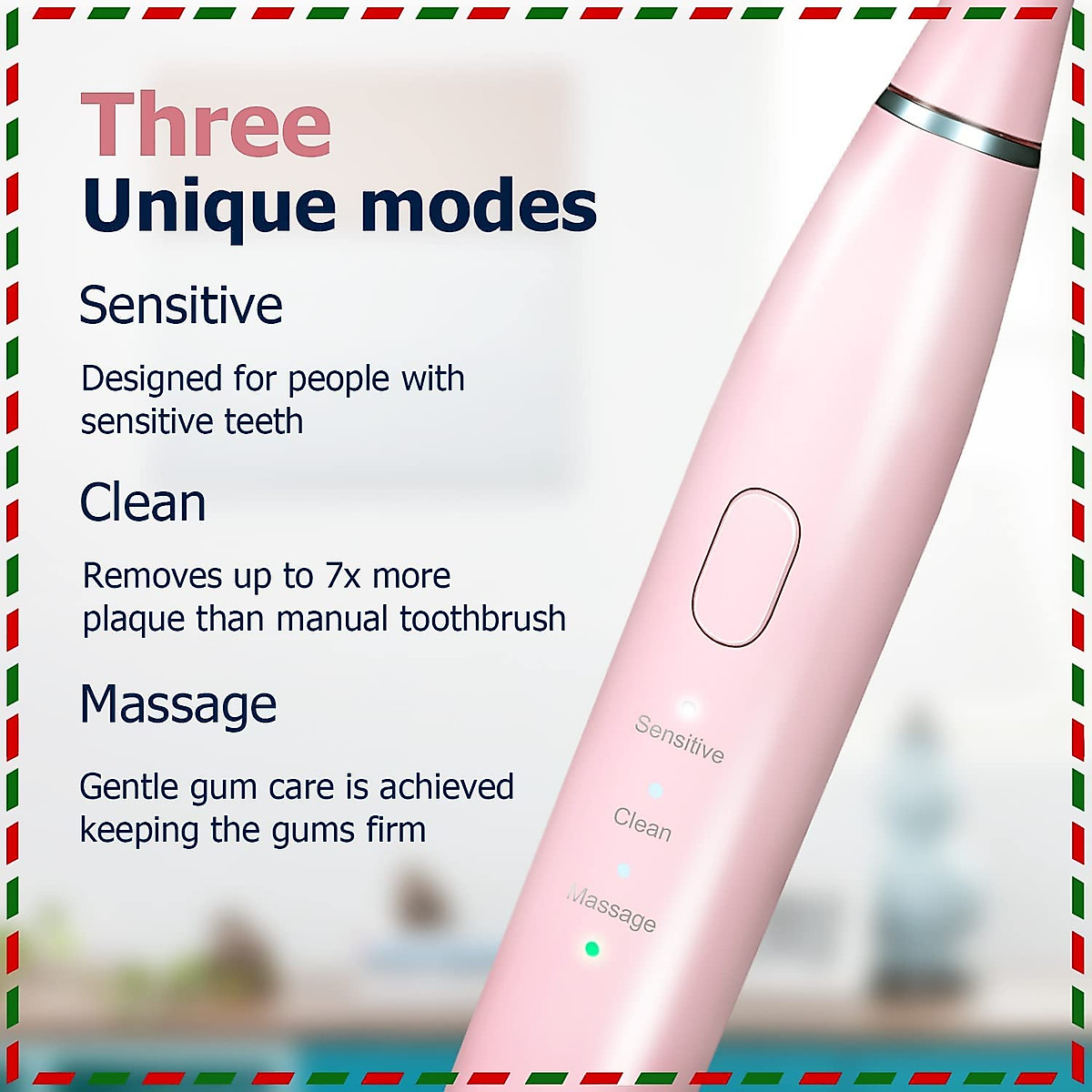 Ristpal Sonic Electric Toothbrush for Adults and Kids, with 3 Brush Heads, One Charge for 30 Days, 3 Modes and 2 Minutes Build in Smart Timer(Pink)