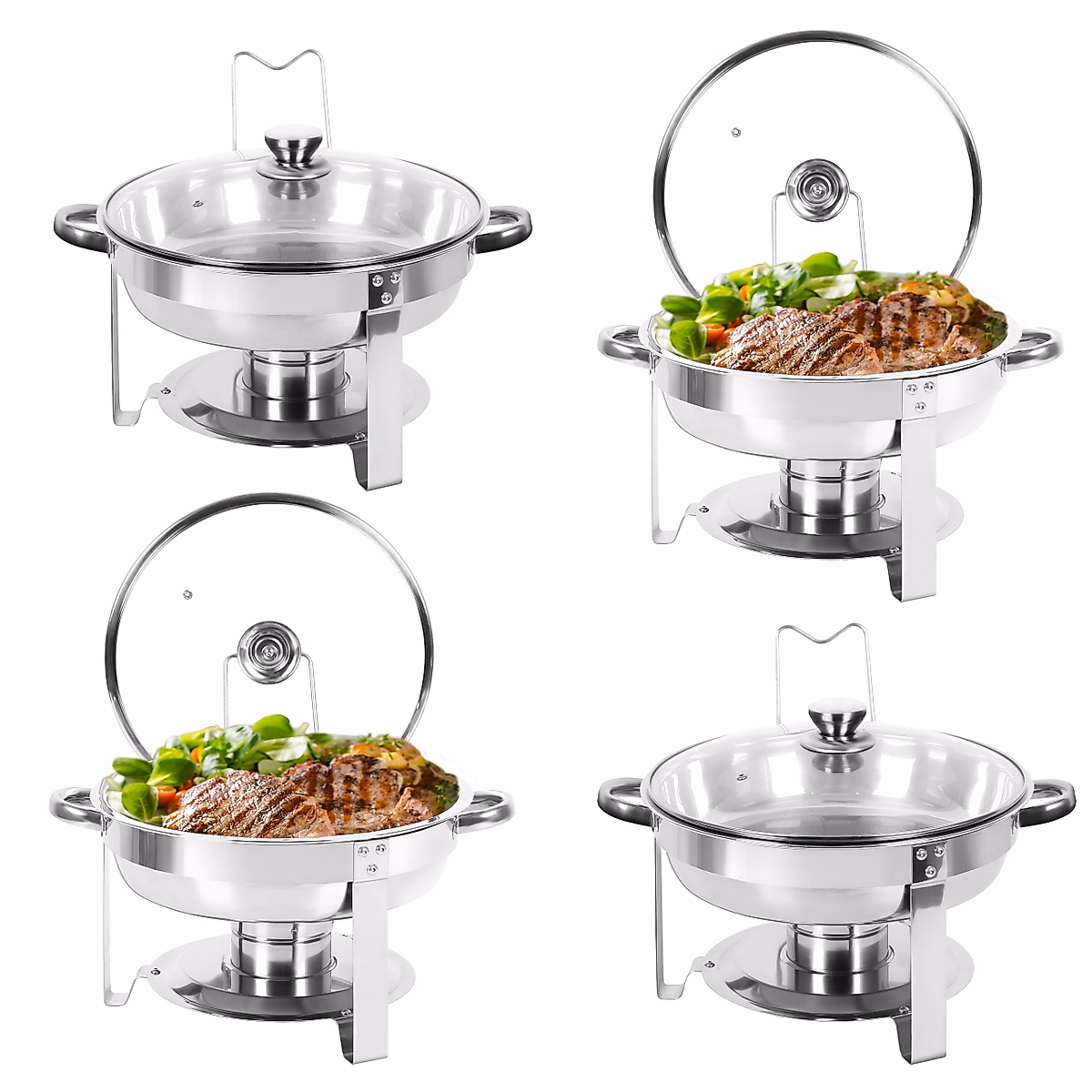 IMACONE Chafing Dish Buffet Set of 4, 5QT Round Stainless Steel Chafer for Catering, Upgraded Chafers and Buffet Warmer Sets with Glass Lid & Holder, Frame, Fuel Holder for Event Party Wedding Holida