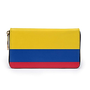 Colombian Flag Ladies Long Wallet Genuine Cowhide Zip Closure Card Slot Wallet