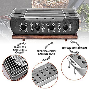 Japanese Style BBQ Grill,14 x 6.9 x 4 inches Portable Barbecue Stove Aluminium Alloy Charcoal Stove with Wire Mesh Grill and Base Japanese Tabletop Household Barbecue Tools