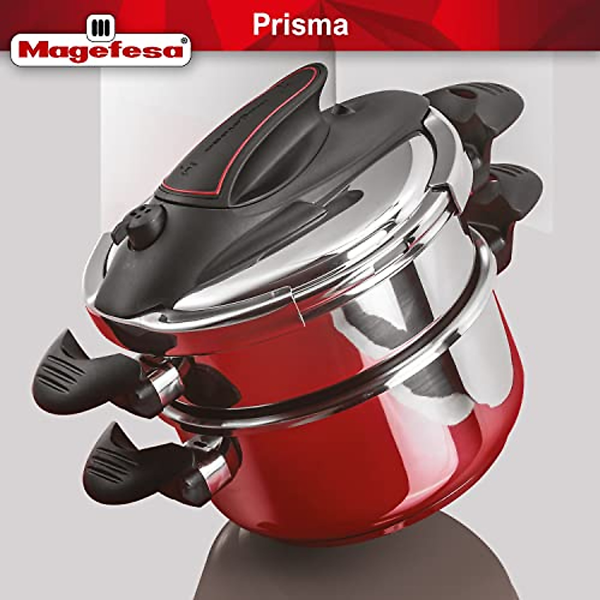 MAGEFESA ® Prisma 4.2 + 6.3 Quart Stove-top Super Fast Pressure Cooker, Easy Smooth Locking Mechanism, Polished 18/10 Stainles Steel, Suitable Induction, 5 Security Systems, 11.6 PSI Working pressure