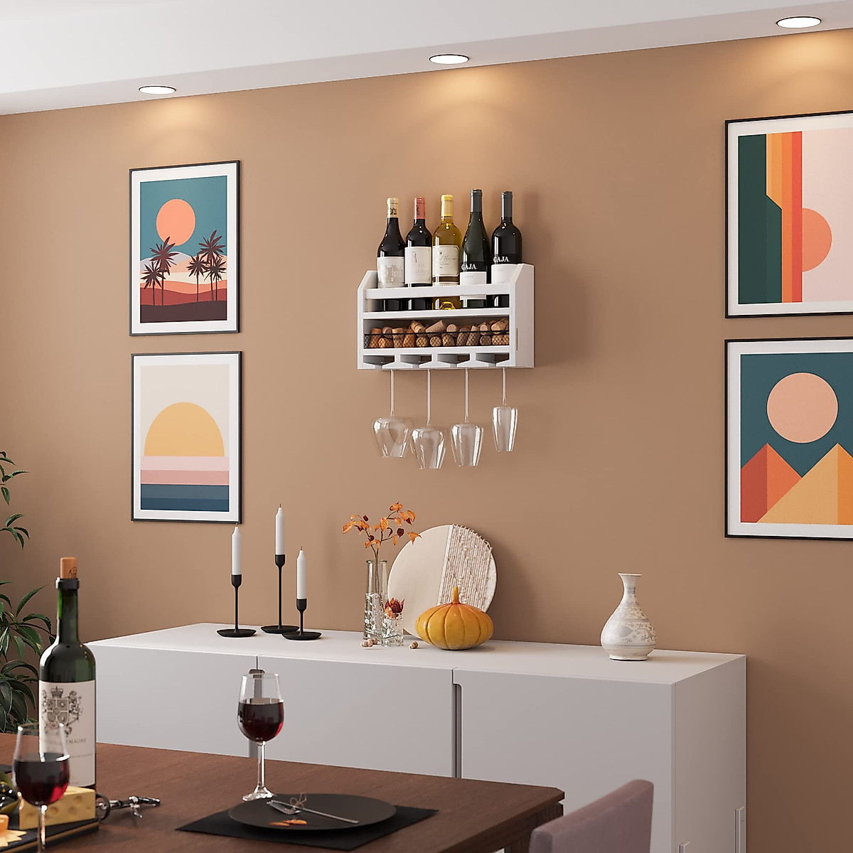 Wallniture Blanc Wine Rack Wall Mounted, Wall Wine Bottle Holder with Wine Glass Rack, Wall Mount Wine Holder with Wine Cork Holder, Rustic Wall Wine Rack for Wine Bottles, Burnt White, Wood