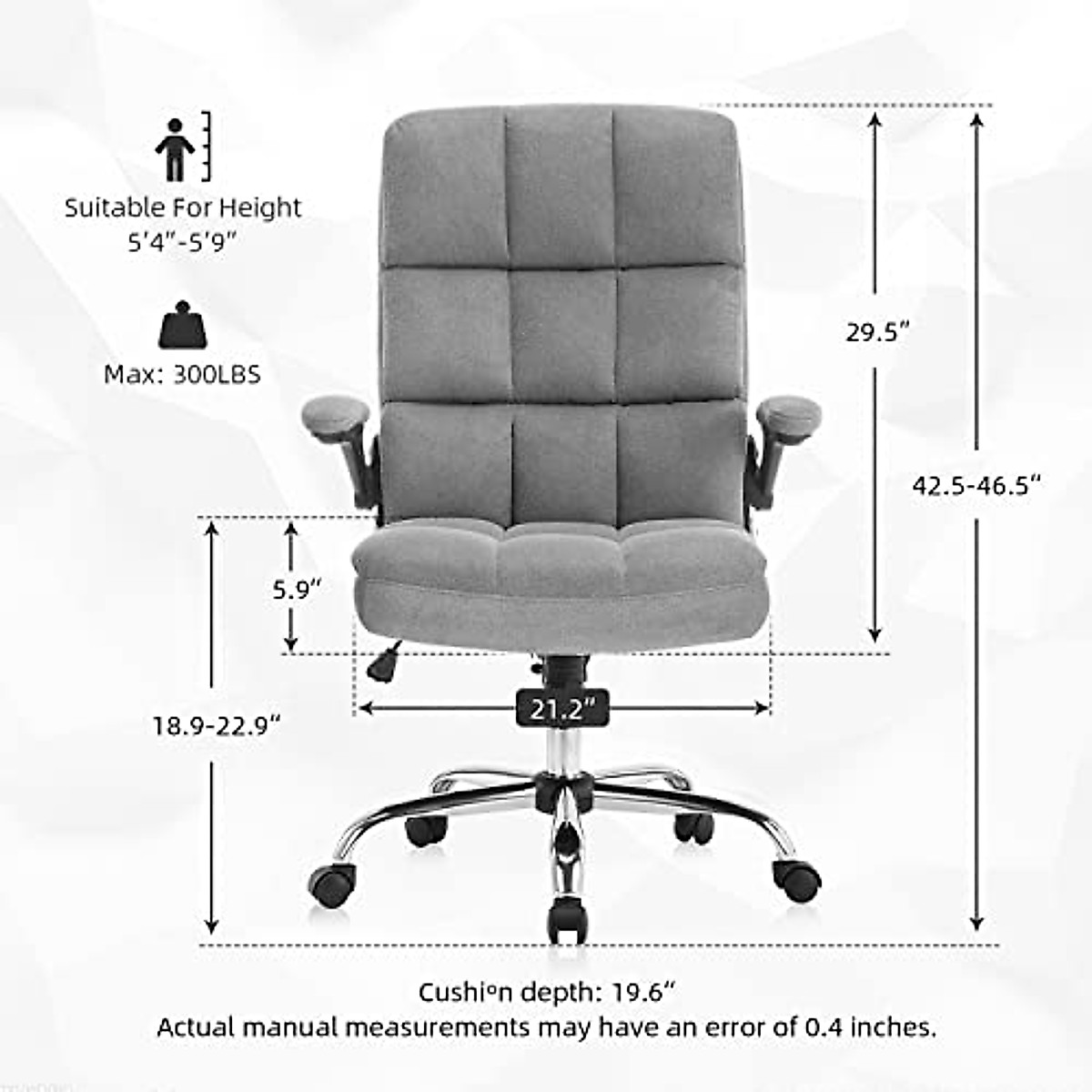 SEATZONE High Back Fabric Home Office Chair Comfotable Thick Padding Ergonomic Executive Computer Desk Chair with Flip-up Arms,Grey