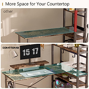 COMHOMA Gaming L Shaped Computer Desk, 55" Home Office Desk with Shelves, L Shape Computer Corner Desk with Charging Port, Gaming Table Power Outlet Build in, LED Writing Desk with Monitor Stand Brown