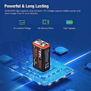 EBL Rechargeable 9V Lithium Batteries, 5400mWh USB 9 Volt Li-ion Batteries Long-Lasting(2 Pack)