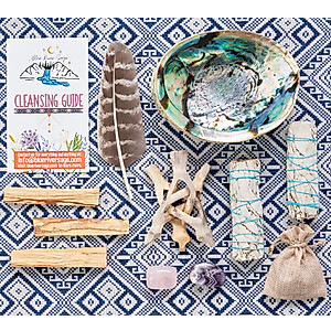 Home Cleansing & Smudging Kit with White Sage, Palo Santo, Abalone & Stand, Smudge Feather & Guide - Smudge Kit with Sage Smudge Sticks