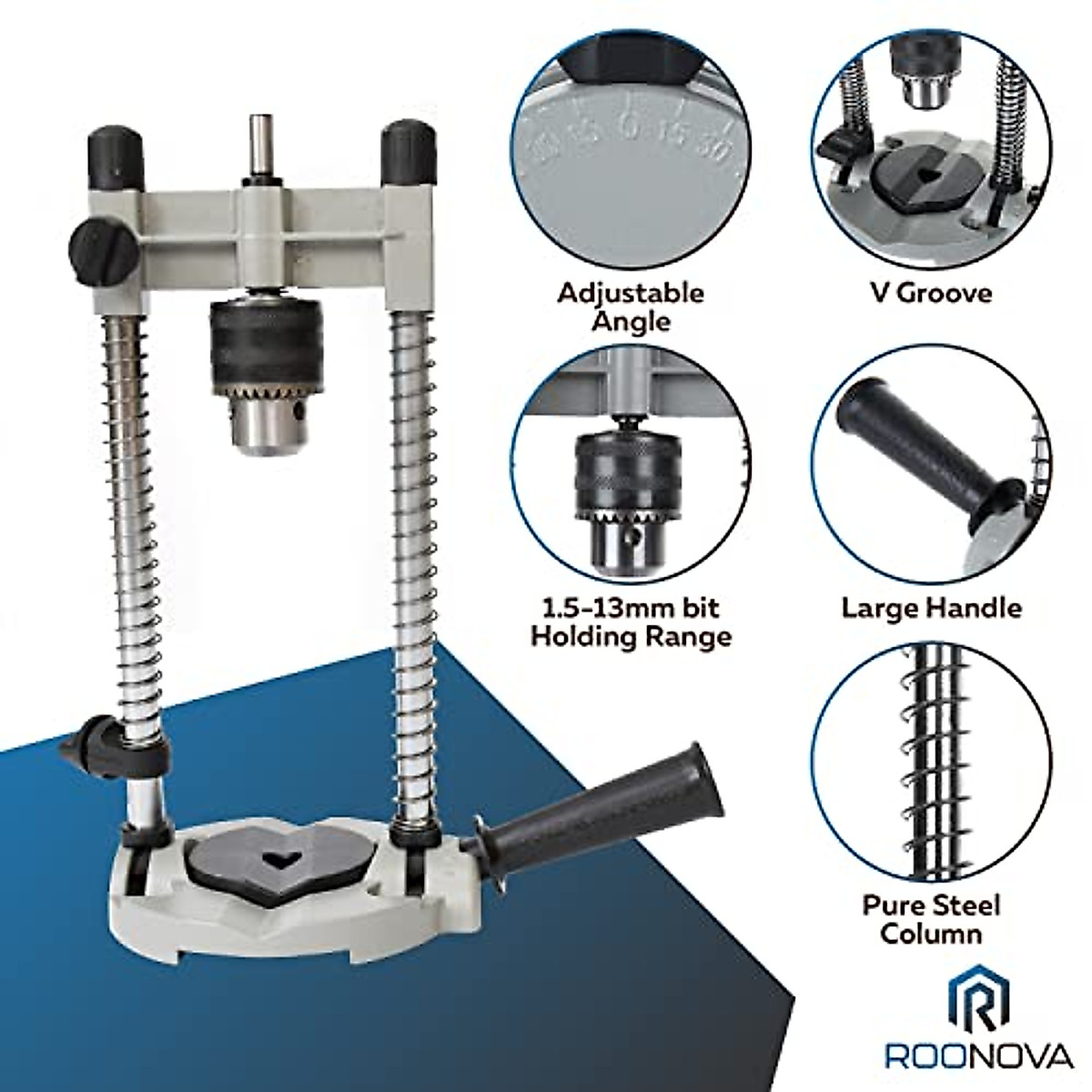 ROONOVA: Angle Drill Guide | Portable Drill Press Stand | Strong Aluminum Alloy | Multi-Angle Adjustable Drill Press Guide with Chuck | Portable & Lightweight | Complete with Credit Card Tool