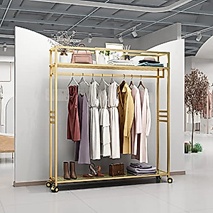 TIEOU Fashion Modern Gold Clothing Rack, Clothes Rack Heavy Duty, Clothing Racks for Hanging Clothes, Clothing Rack with Shelves, Wardrobe Closet Clothes Hanger Rack, Industrial Clothing Rack, Gold