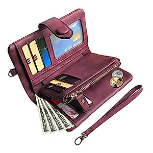 Womens Small Bifold Leather Wallets Rfid Ladies Wristlet with Card slots id window Zipper Coin Purse (Purple)