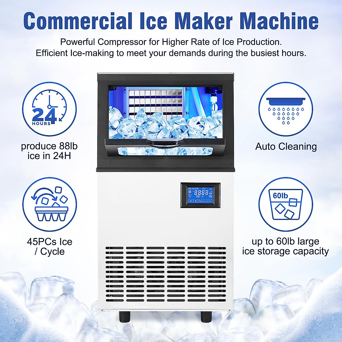 Commercial Ice Maker Machine, Freestanding/Under Counter Stainless Steel Ice Machine, 80Lbs/24 Hour with 24Lbs Ice Storage Capacity, Self Cleaning, Ideal for Restaurant/Bar/Cafe/Shop/Home/Office