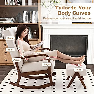 Upholstered Rocking Chair with Ottoman and Solid Rubber Wood Frame and Padded Cushion, Comfortable Rocker Solid Wood for Living Room (Beige)