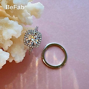 BeFab Cz Bridal Ring Set Accented Round Halo Engagement Ring Matching Half Eternity Wedding Band Size 4-10 (Silver, 7)
