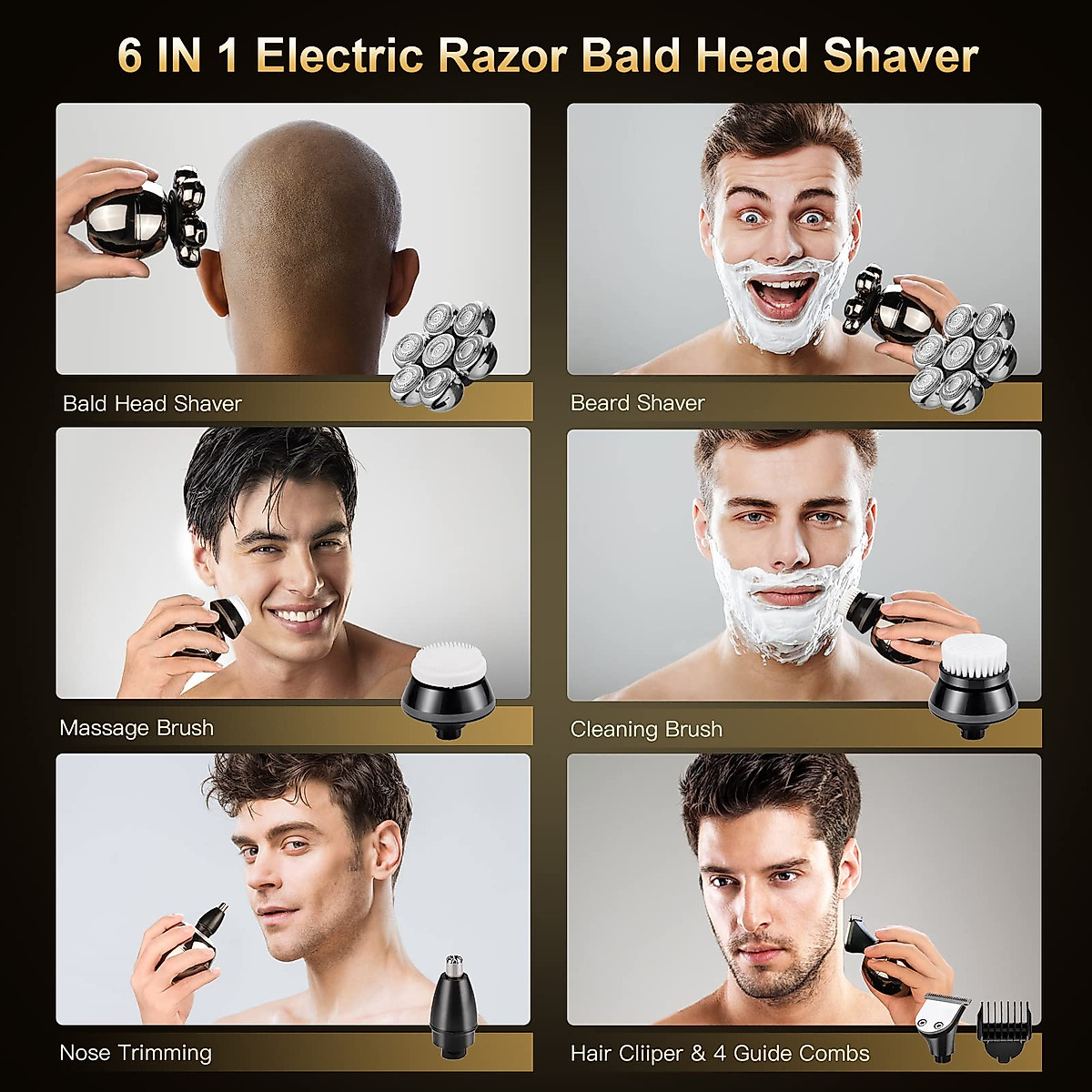 7D Head Shaver for Men, TURN RAISE 6 in 1 Waterproof with LCD Display Bald Head Shavers for Men, Wet Dry Electric Razor for Men, USB Rechargeable Electric Shavers for Men Bald Head
