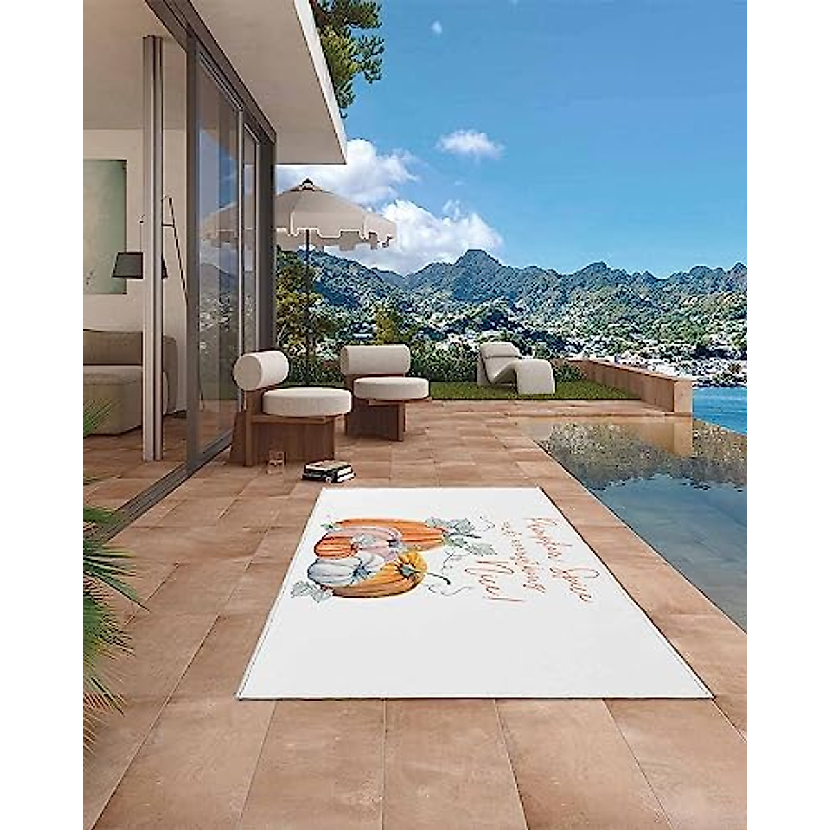 Outdoor Rug Pumpkin Space Fall Harvest Thanksgiving Autumn Leaf Orange Area Rug, Easy Cleaning Waterproof Outdoor Plastic Straw Rug for Patio Decor Backyard Deck Picnic Camping Living Room, 4x6 Feet