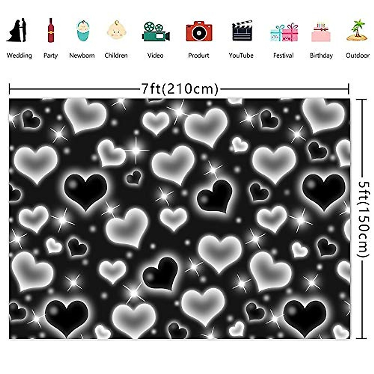 7×5ft Black Heart Photo Backdrop Early 2000s Party Decorations Old School Backdrops Valentine's Day Glitter Heart 16th 18th 30th Women Men 90s Happy Birthday Background Selfile Wall Decor