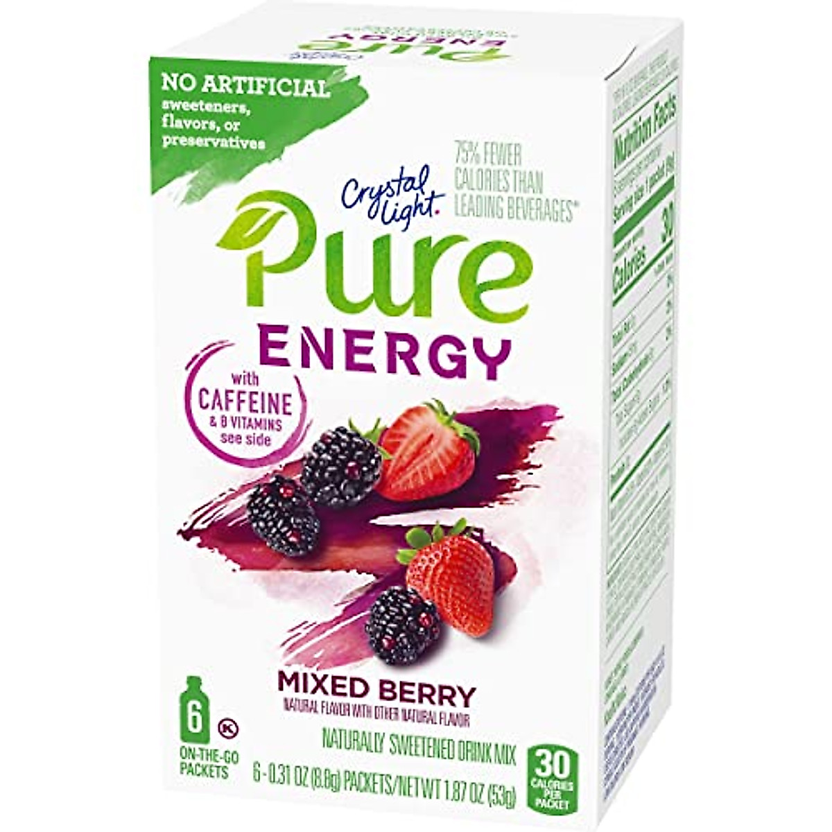 Crystal Light Pure Energy Mixed Berry Drink Mix with Caffeine, 48 ct Pack, 8 Boxes of 6 Packets