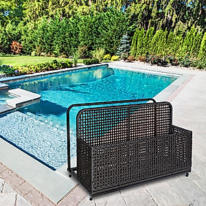 IDEALHOUSE Poolside Float Storage, Outdoor Storage, Patio Poolside Float Storage Basket, Storage Box, PE Rattan Outdoor Pool Caddy with Rolling Wheels for Floaties, Beach-Sturdy & Movable,Black-brown