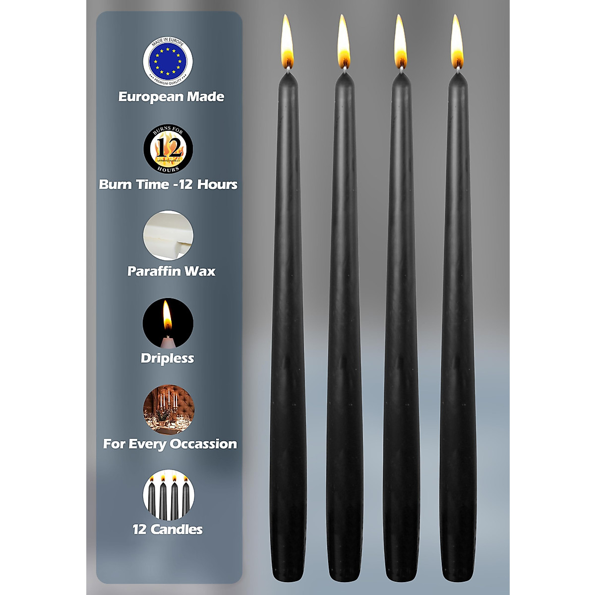 12 Pack Tall Taper Candles - 14 Inch Black Dripless, Unscented Dinner Candle - Paraffin Wax with Cotton Wicks - 12 Hour Burn Time