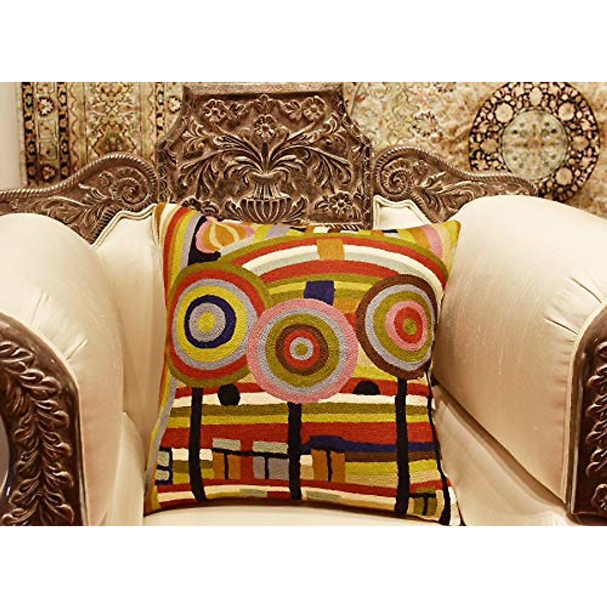 Kashmir Designs Hundertwasser Modern Pillow Cover | Beloved Gardens | Modern Outdoor Pillows | Abstract Couch Cushion| Modern Farmhouse Pillows | Mid Century Chair Cushions | Handmade Wool Size 18x18