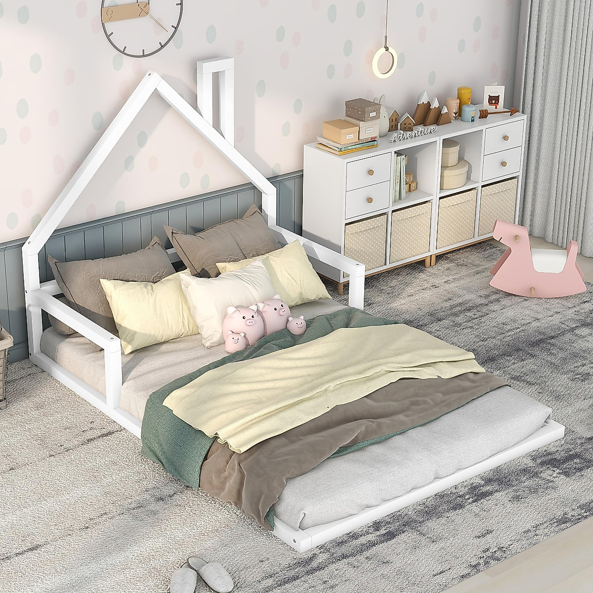 Harper & Bright Designs Full Kids Bed with House-Shaped Headboard, Full Floor Bed with Solid Wood Slats,Full Size Platform Bed Frame for Girls Boys,No Box Spring Needed,White