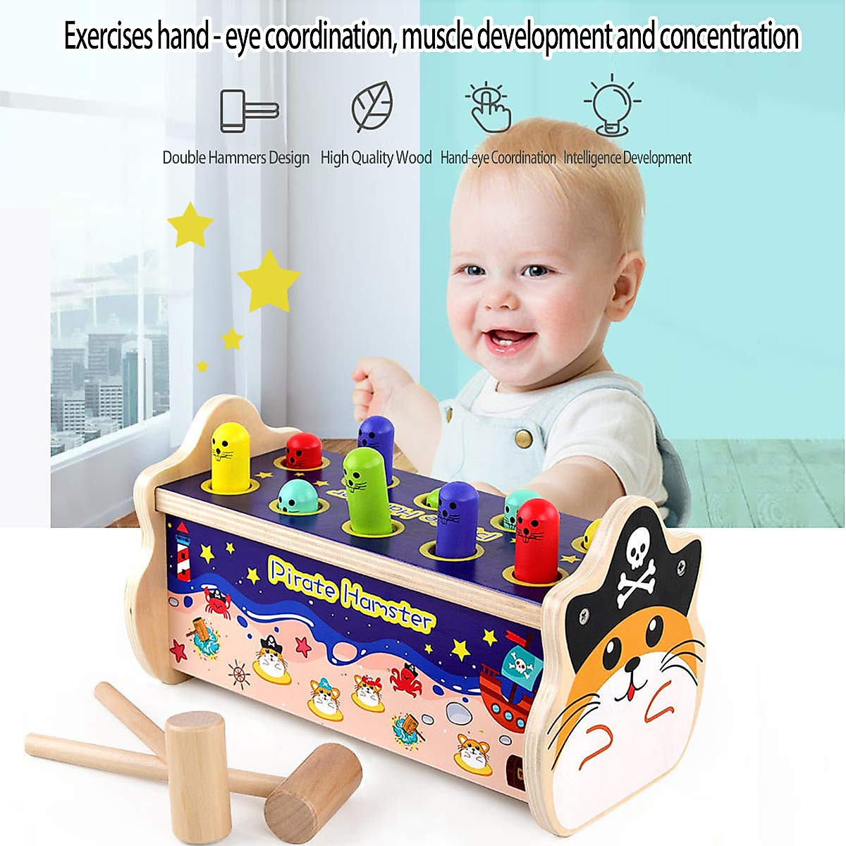 Groundhog Pounding Bench Game Pirate Theme Hammering Pounding Toys Kids Hammer & Pound Toy Pounding Game for Single and Double Kids Early Montessori Educational Tool Gift for Kids Girls Boys Age 3+