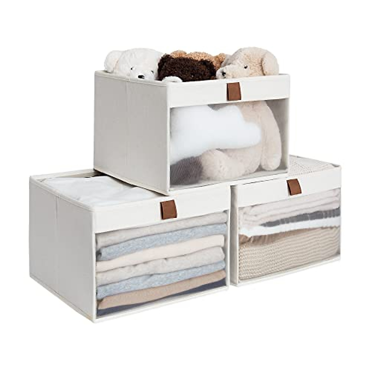 StorageWorks Closet Storage Bins with Clear Window and 2 Handles, Foldable Clothing Bins for Shelves, Large Fabric Organizer, Beige, 3 Pack